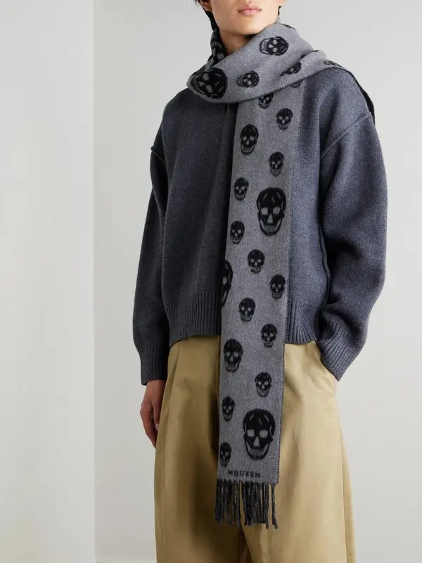 Alexander McQueen Fringed Intarsia-knit Wool And Cashmere-blend Scarf - Gray