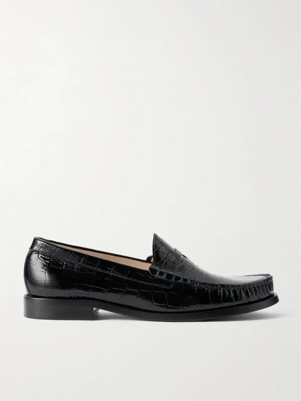 STUART WEITZMAN Lottie Croc-effect Leather Loafers - Black