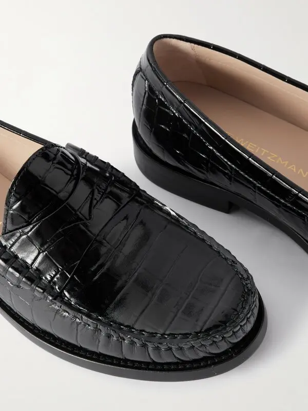 STUART WEITZMAN Lottie Croc-effect Leather Loafers - Black