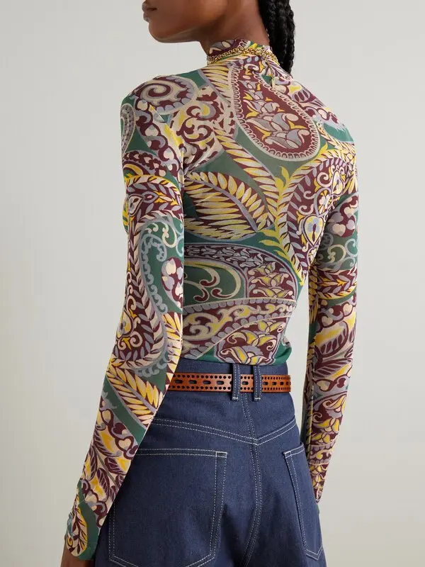 Etro Paisley-print Mesh Turtleneck Top
