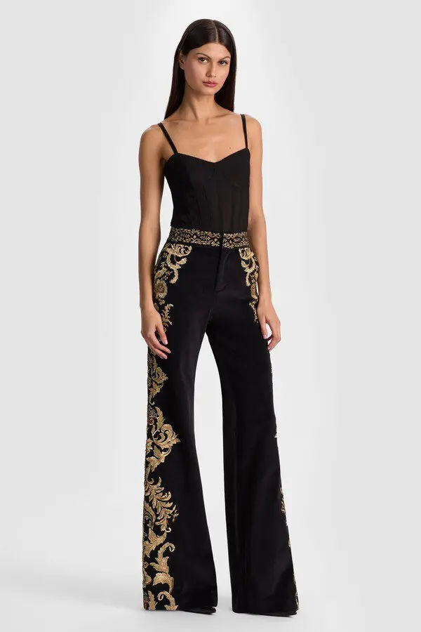 Alice + Olivia Dylan Embroidered Velvet Pant