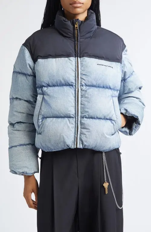 Alexander Wang Denim Print Down Puffer Jacket - Light Distressed Blue/black