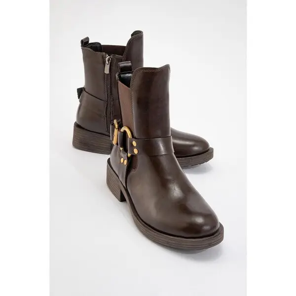 PROLOGUE SHOES Buckled Zip Ankle Boots - Brown Faux Leather