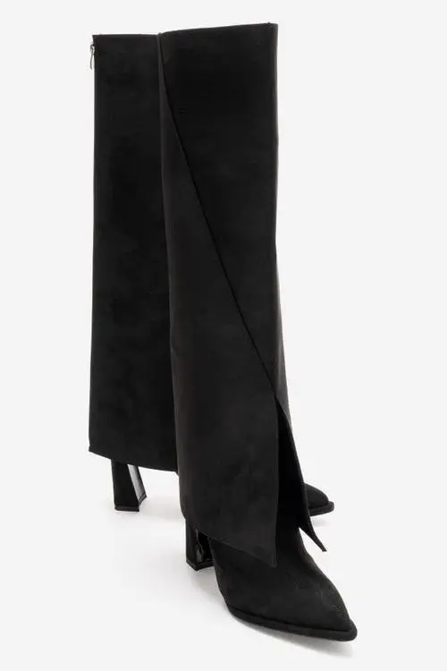 PROLOGUE SHOES Aja Convertible Knee High Boots - Black Suede Faux Leather