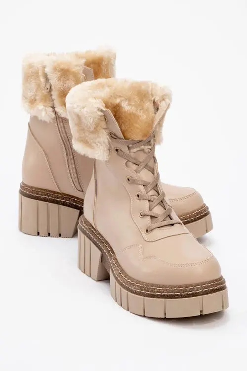 PROLOGUE SHOES Faith Fur Chunky Boots - Beige Faux Leather
