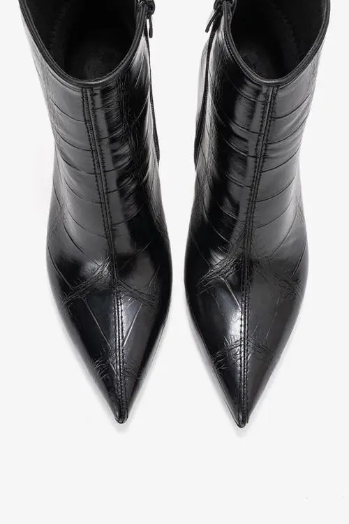 PROLOGUE SHOES Sculptural Pointed Toe Bootie - Black Print Faux Leather