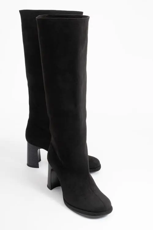 PROLOGUE SHOES Josette Knee High Block Heel Boots - Black Suede Faux Leather