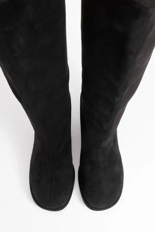 PROLOGUE SHOES Josette Knee High Block Heel Boots - Black Suede Faux Leather