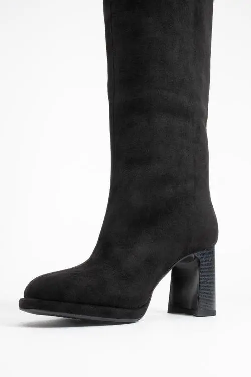 PROLOGUE SHOES Josette Knee High Block Heel Boots - Black Suede Faux Leather