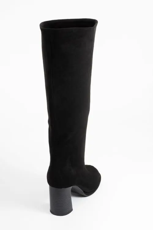 PROLOGUE SHOES Josette Knee High Block Heel Boots - Black Suede Faux Leather