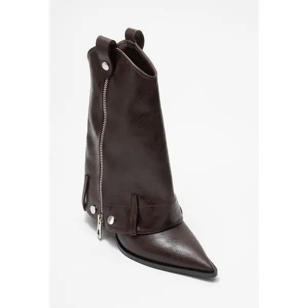 PROLOGUE SHOES Pointed Toe Heeled Boots - Brown Faux Leather