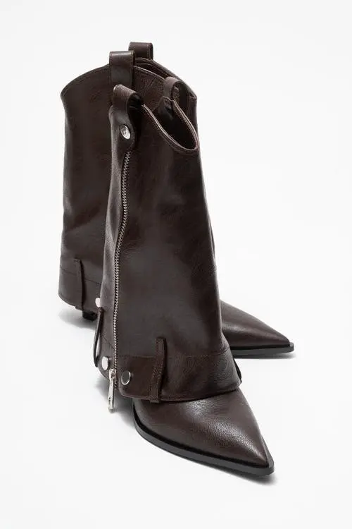 PROLOGUE SHOES Pointed Toe Heeled Boots - Brown Faux Leather