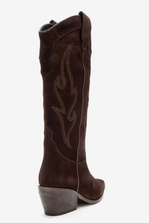 FOREVER & ALWAYS SHOES Pietro Leather Western Knee High Boots - Brown Suede Leather