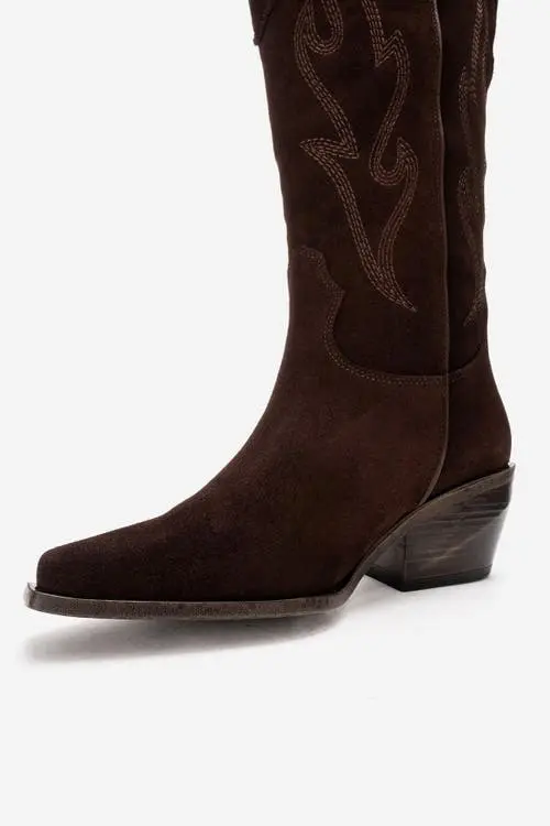 FOREVER & ALWAYS SHOES Pietro Leather Western Knee High Boots - Brown Suede Leather