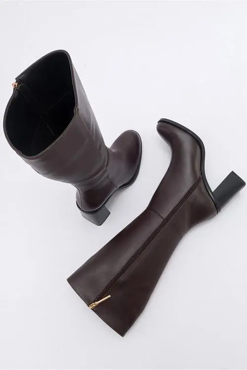 PROLOGUE SHOES Maranta Heeled Knee High Boots - Brown Faux Leather