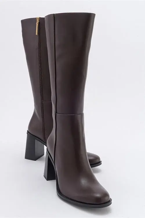 PROLOGUE SHOES Maranta Heeled Knee High Boots - Brown Faux Leather