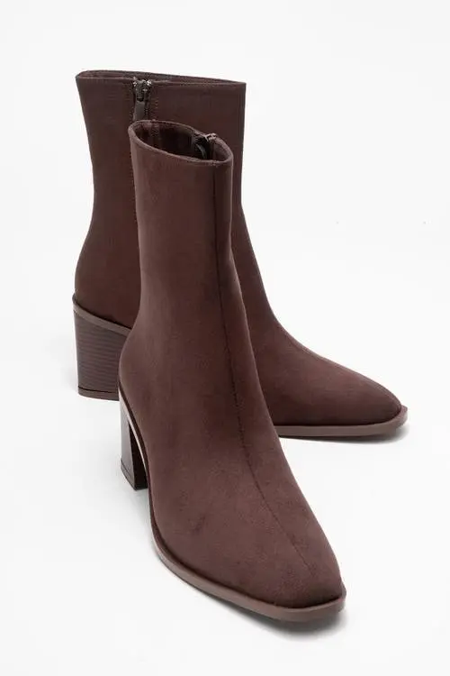PROLOGUE SHOES Chara Block Heel Ankle Boots - Brown Suede Faux Leather