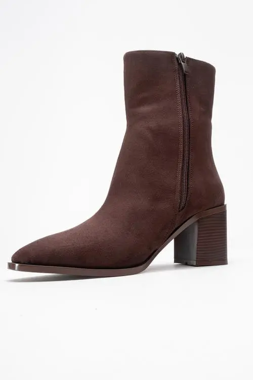 PROLOGUE SHOES Chara Block Heel Ankle Boots - Brown Suede Faux Leather