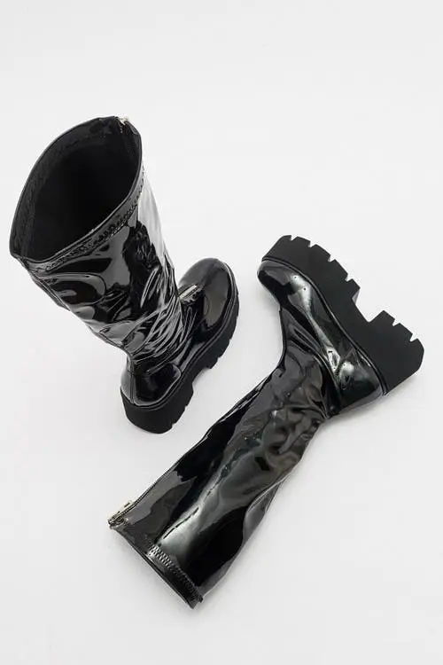 PROLOGUE SHOES Amaronte Chunky Zip-up Boots - Black Patent Faux Leather