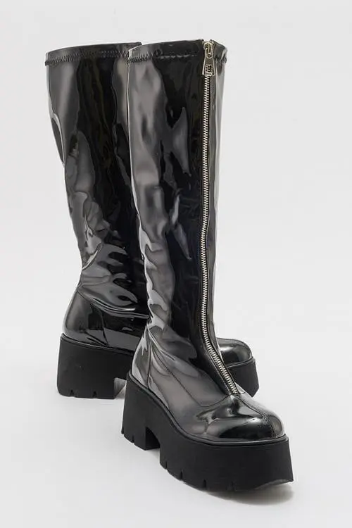 PROLOGUE SHOES Amaronte Chunky Zip-up Boots - Black Patent Faux Leather