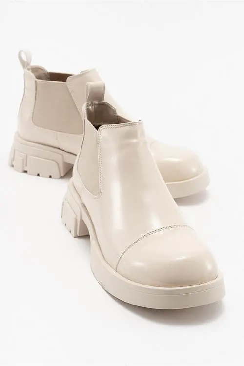 PROLOGUE SHOES Cafune Patent Platform Boot - Beige Patent Faux Leather