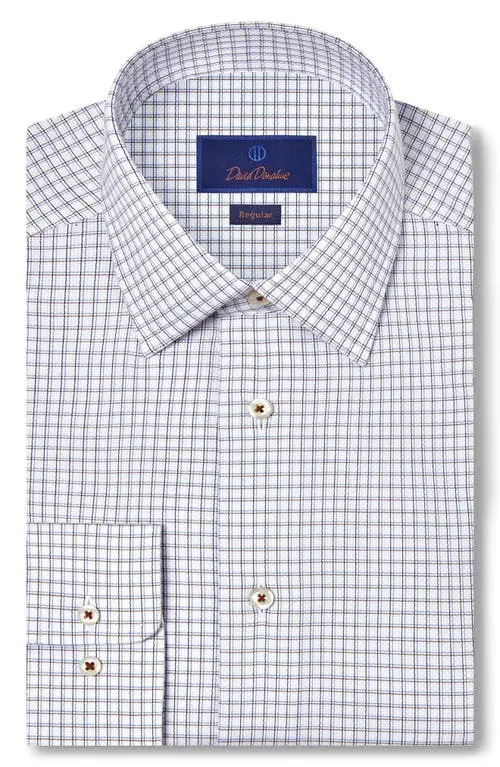 David Donahue Regular Fit Shadow Check Cotton Dobby Dress Shirt - White/chocolate