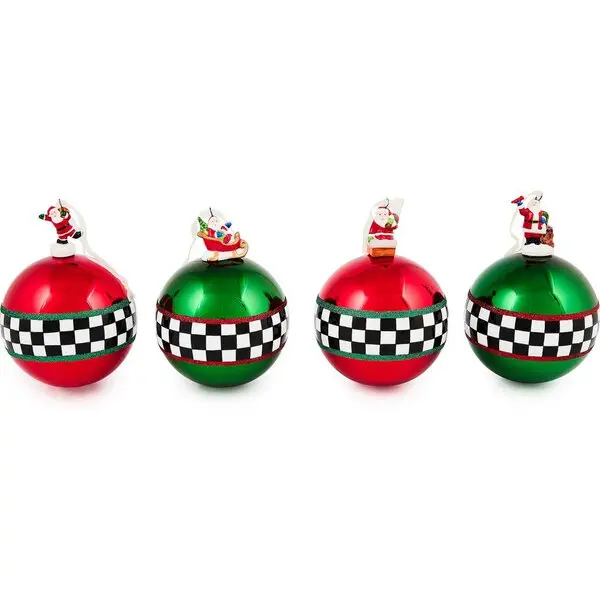 MACKENZIE-CHILDS Set Of 4 Check It Out Santa Glass Ball Ornaments - Red