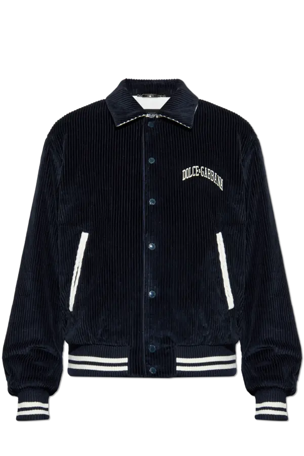 Dolce & Gabbana Corduroy Bomber Jacket With Embroidered Logo - Navy Blue