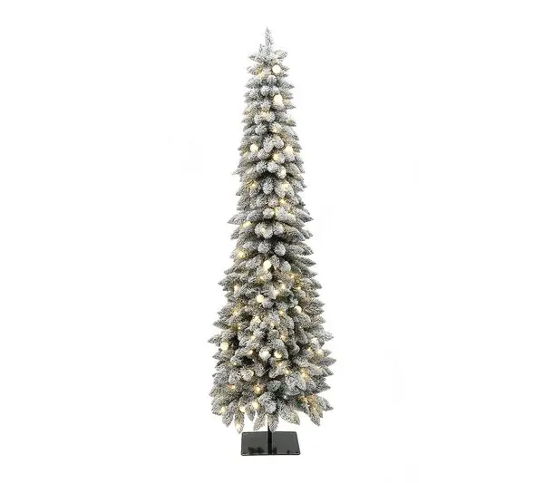 LUXEN HOME Luxenhome 7ft Pre-lit Flocked Pencil Artificial Xmas Tree - One-color