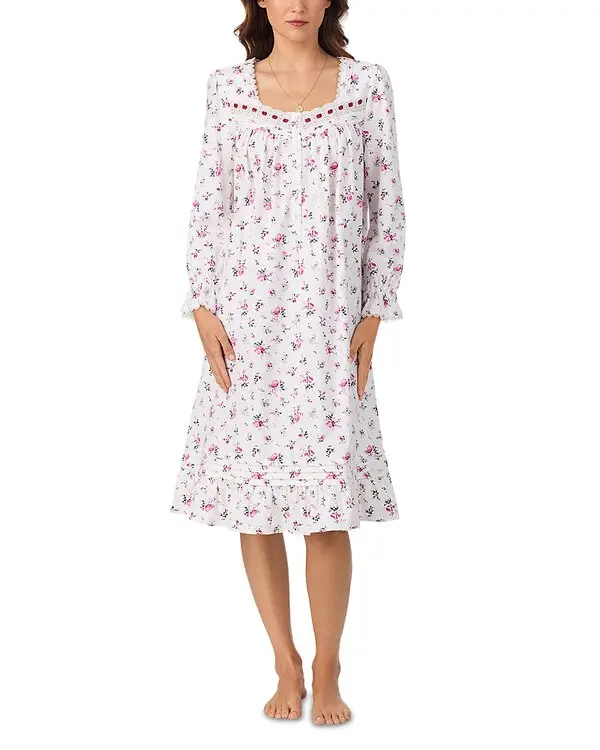 Eileen West Long Sleeve Cotton Flannel Waltz Nightgown - Floral Print