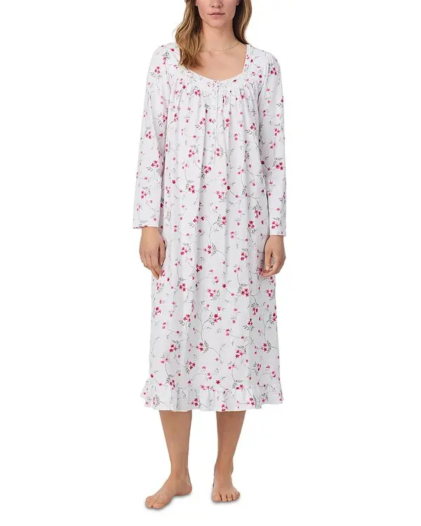 Eileen West Long Sleeve Cotton Jersey Long Nightgown - Small Floral