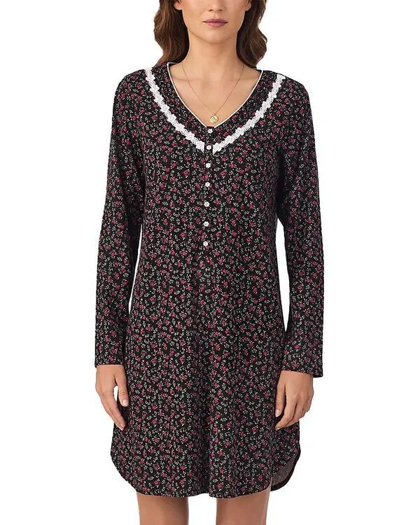Eileen West Long Sleeve Cotton Jersey Nightshirt - Black Print