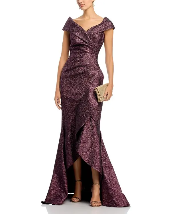 Rickie Freeman For Teri Jon Metallic Jacquard Ruffle Gown