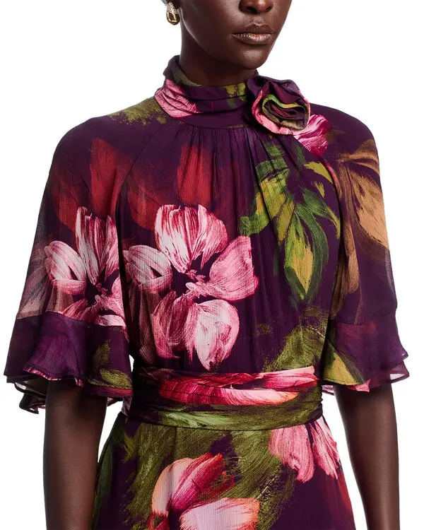 Rickie Freeman For Teri Jon Floral Flutter Sleeve Mock Neck Gown - Wine Multi