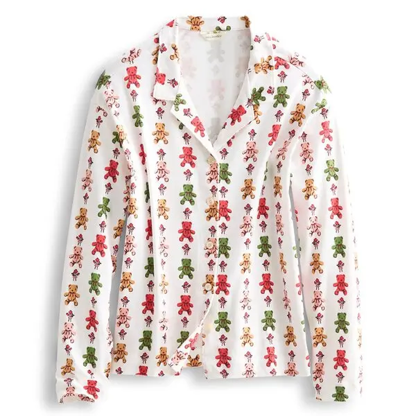 VERA BRADLEY Long-sleeved Button-down Pajama Top In Bears & Roses - White