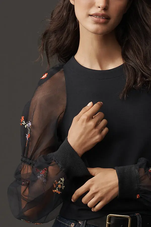 Maeve Embroidered Sheer-sleeve Pullover - Black Pattern
