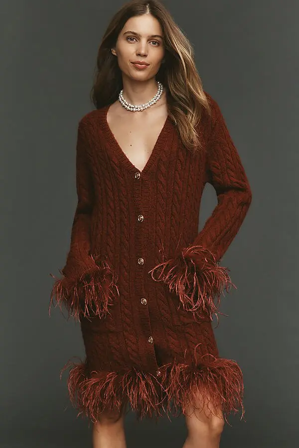 Saylor Long-sleeve Faux-feather Sweater Mini Dress - Wine