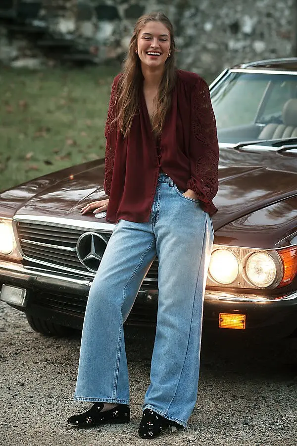 Anthropologie The Estela Sheer Embroidered Blouse - Burgundy Plum