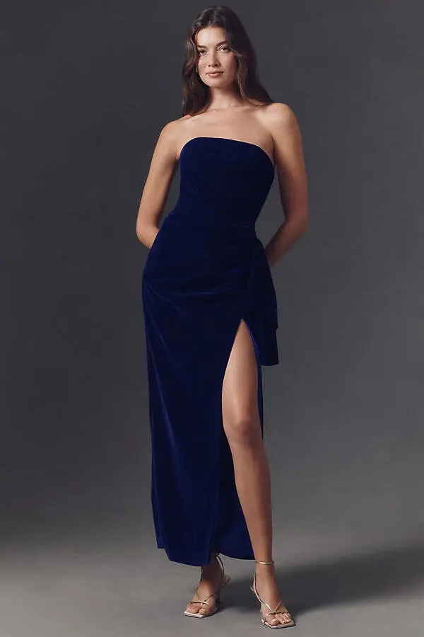 Mac Duggal Strapless Draped Velvet Side-slit Maxi Dress - Blue