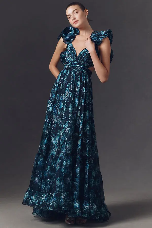 Mac Duggal Ruffle-sleeve V-neck Tiered Chiffon Maxi Dress - Blue Pattern