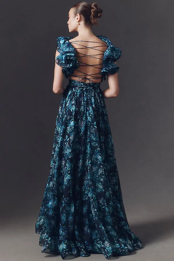 knee length dresses for ladies Mac Duggal - Green Printed Chiffon Midi Dress main image 0