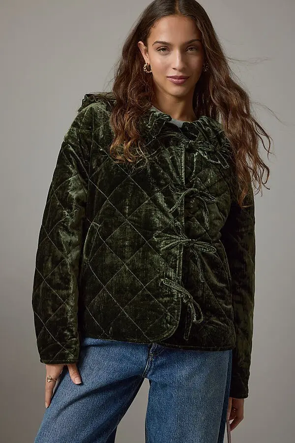Maeve The Hazel Velvet Quilted Jacket - Dark Olive