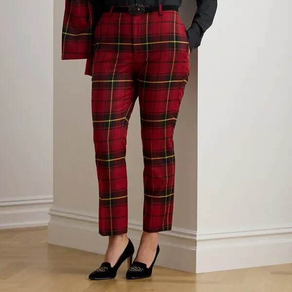 Ralph Lauren Checked Plaid Wool-blend Cropped Pant - Red/black/yellow Multi