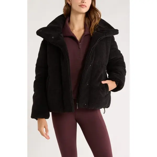 Zella Faux Shearling Cropped Puffer Jacket - Black