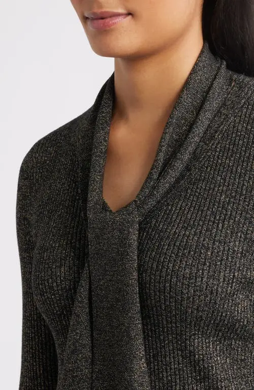 Anne Klein Tie Neck Ribbed Sweater