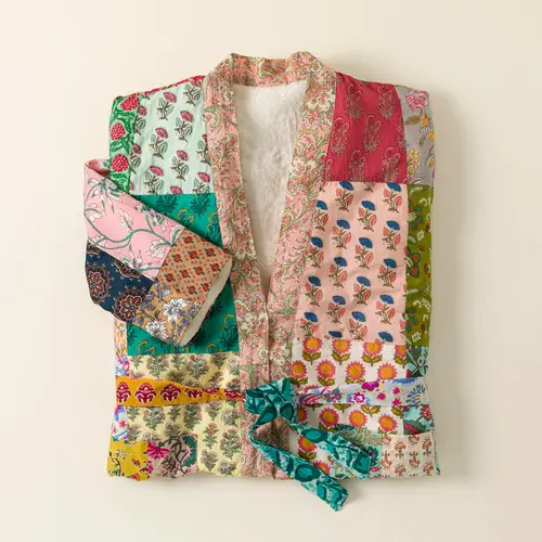 UNCOMMON GOODS Repurposed Sari Fleece Lined Robe - Multicolored Patchwork