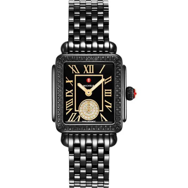 Michele Deco Madison Mid Noir Diamond Bracelet Watch - Black
