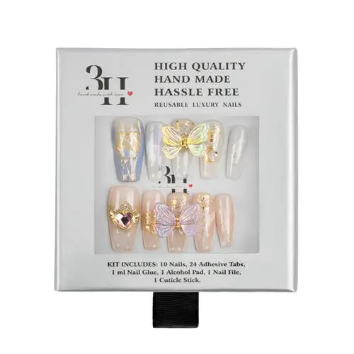3H NAILS Butterfly Charm Luxury Handmade Press On Nails - Natural/ Blue
