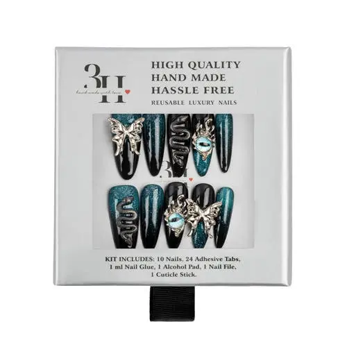 3H NAILS Galaxy Wings Luxury Handmade Press On Nails - Black/teal