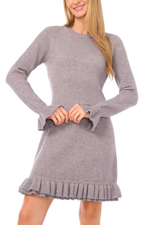 CECE DUPRAZ Ruffle Trim Long Sleeve Sweater Mini Dress - Medium Heather Grey
